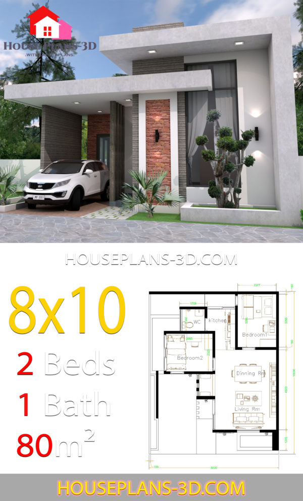 House design 8x10 with 2 Bedrooms Terrace roof - House Plans 3D