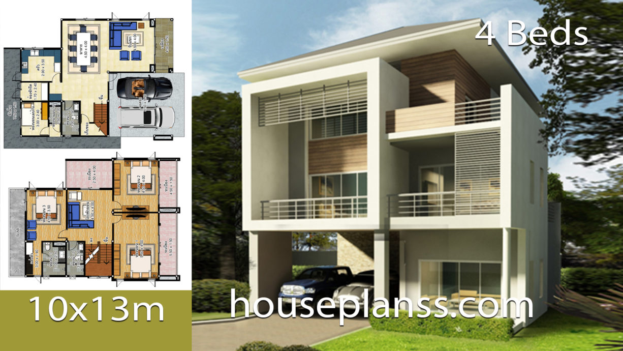 House design idea 10x13 with 4 bedrooms - House Plans 3D