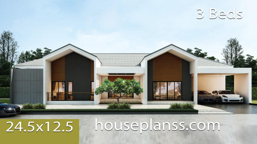 House design idea 24.5x12.5 with 3 bedrooms - House Plans 3D