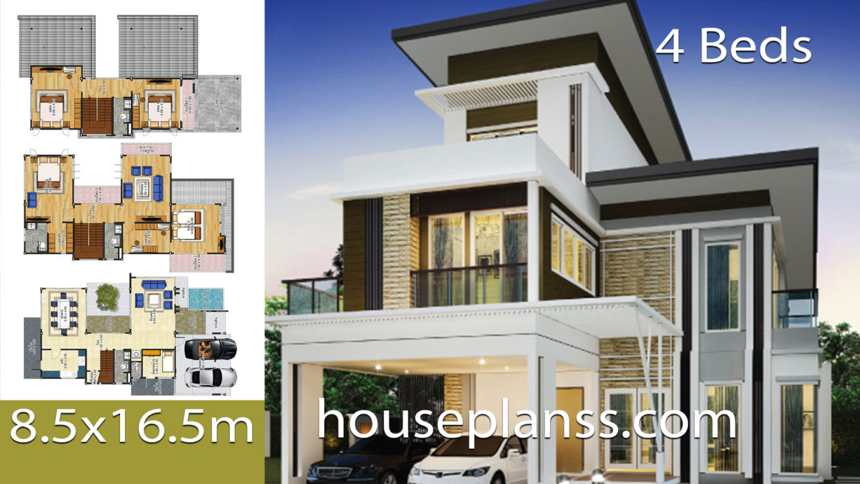 House design idea 8.5x16.5 with 4 bedrooms - House Plans 3D