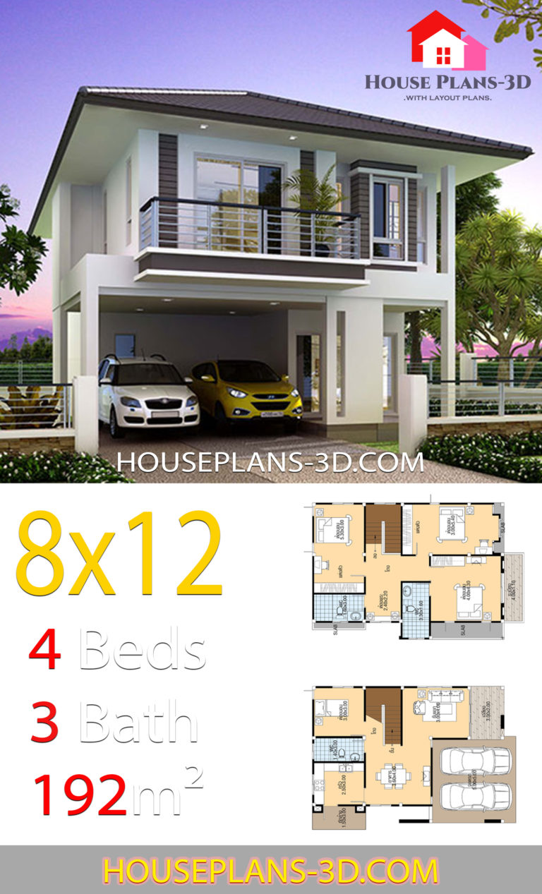 House plans 3d 8x12 with 4 Bedrooms - House Plans 3D