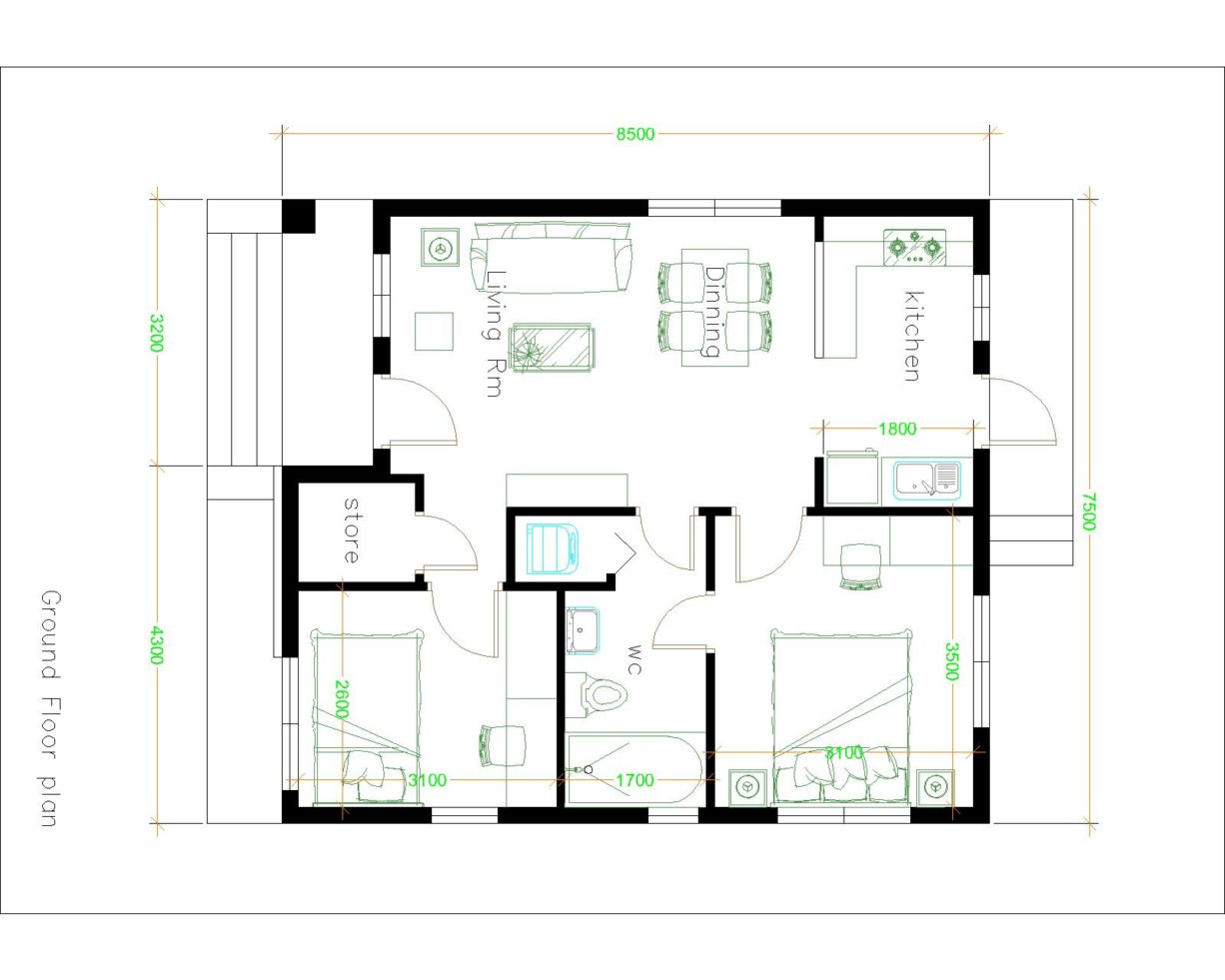 House design 7.5x8.5 with 2 bedrooms - House Plans 3D