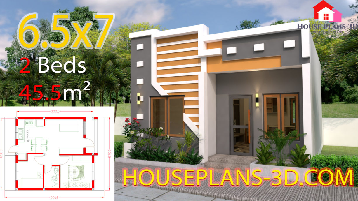 House Plans 10.7x10.5 with 2 Bedrooms Flat roof - House Plans 3D