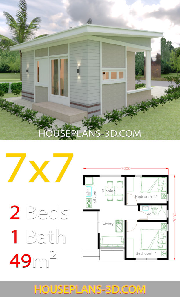 Small House Design 7x7 with 2 Bedrooms - House Plans 3D