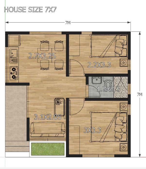 Small House Design 7x7 with 2 Bedrooms - House Plans 3D