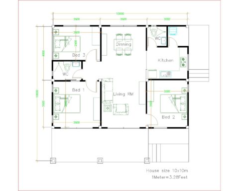 House Design 10x10 with 3 Bedrooms full interior - House Plans 3D
