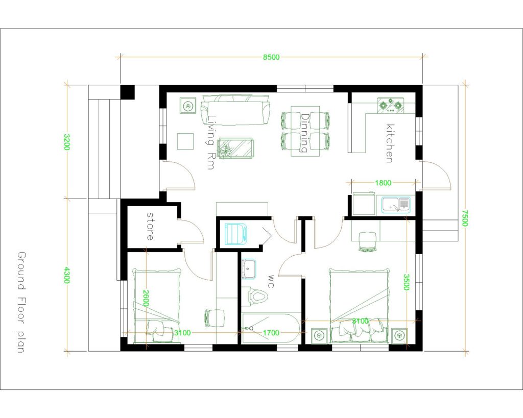 House plans 7.5x8.5m with 2 bedrooms Gable roof - House Plans 3D