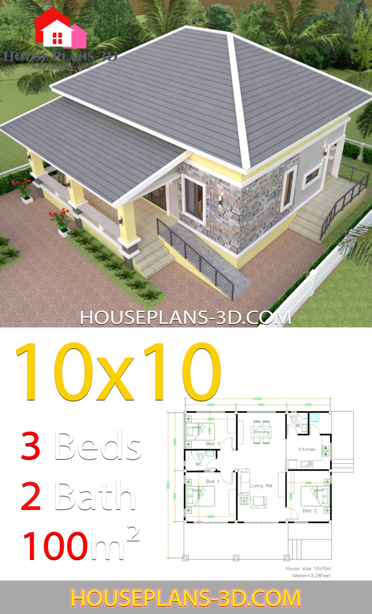 House Design 10x10 with 3 Bedrooms Hip Roof - House Plans 3D