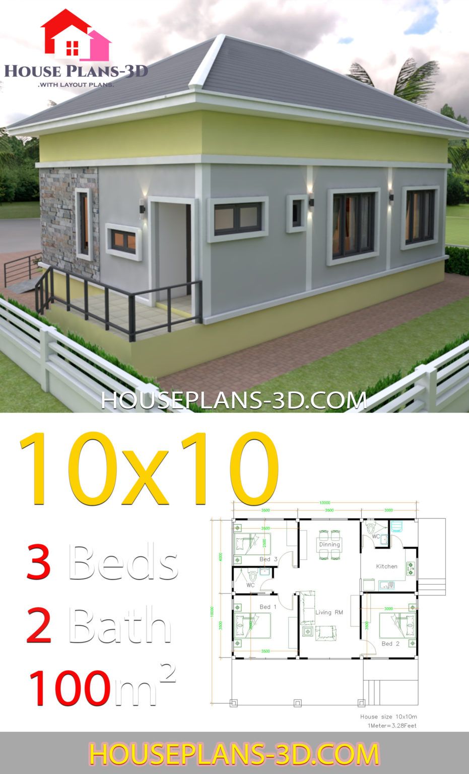 House Design 10x10 with 3 Bedrooms Hip Roof - House Plans 3D