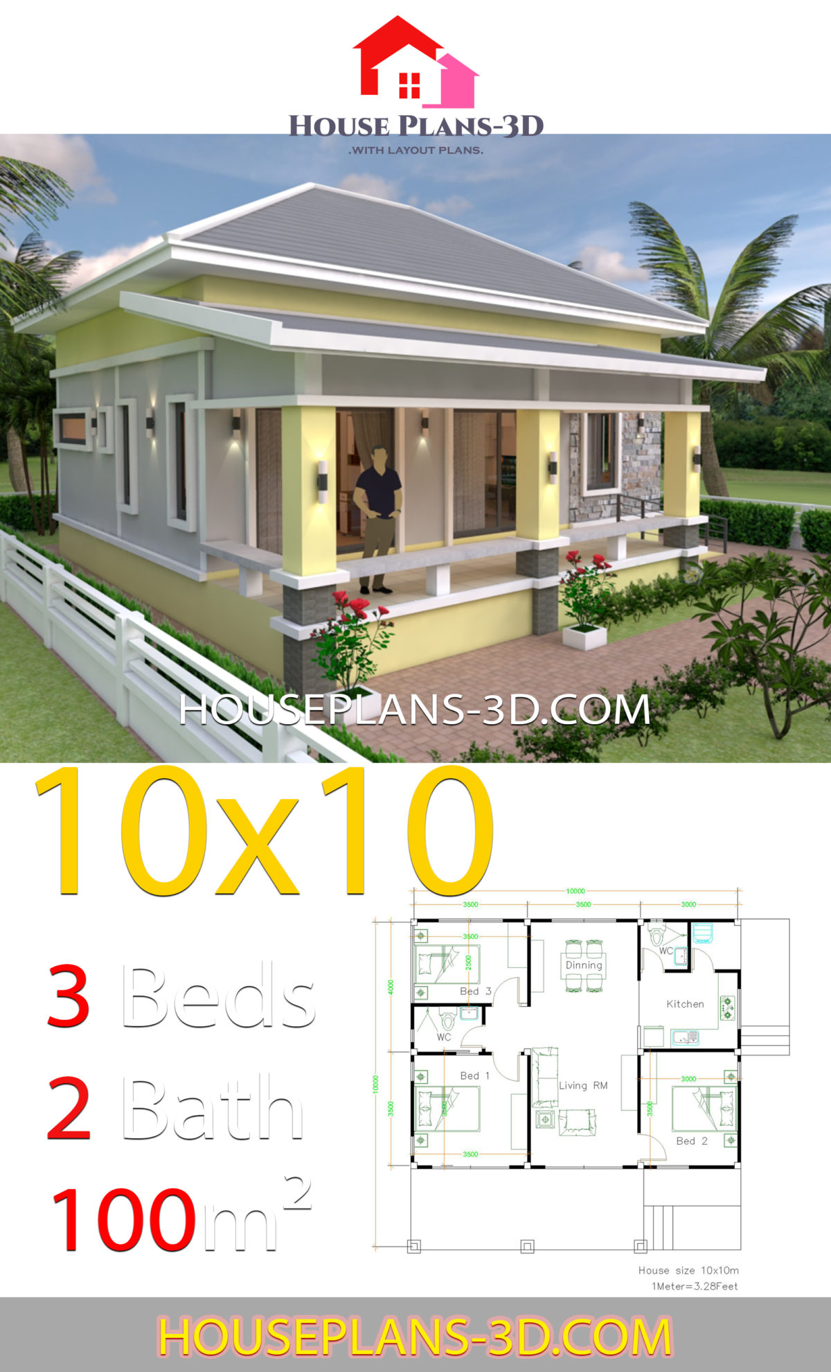 House Design 10x10 with 3 Bedrooms Hip Roof - House Plans 3D