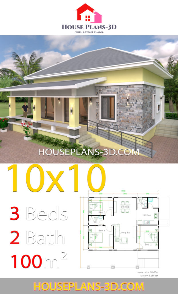House Design 10x10 with 3 Bedrooms Hip Roof - House Plans 3D