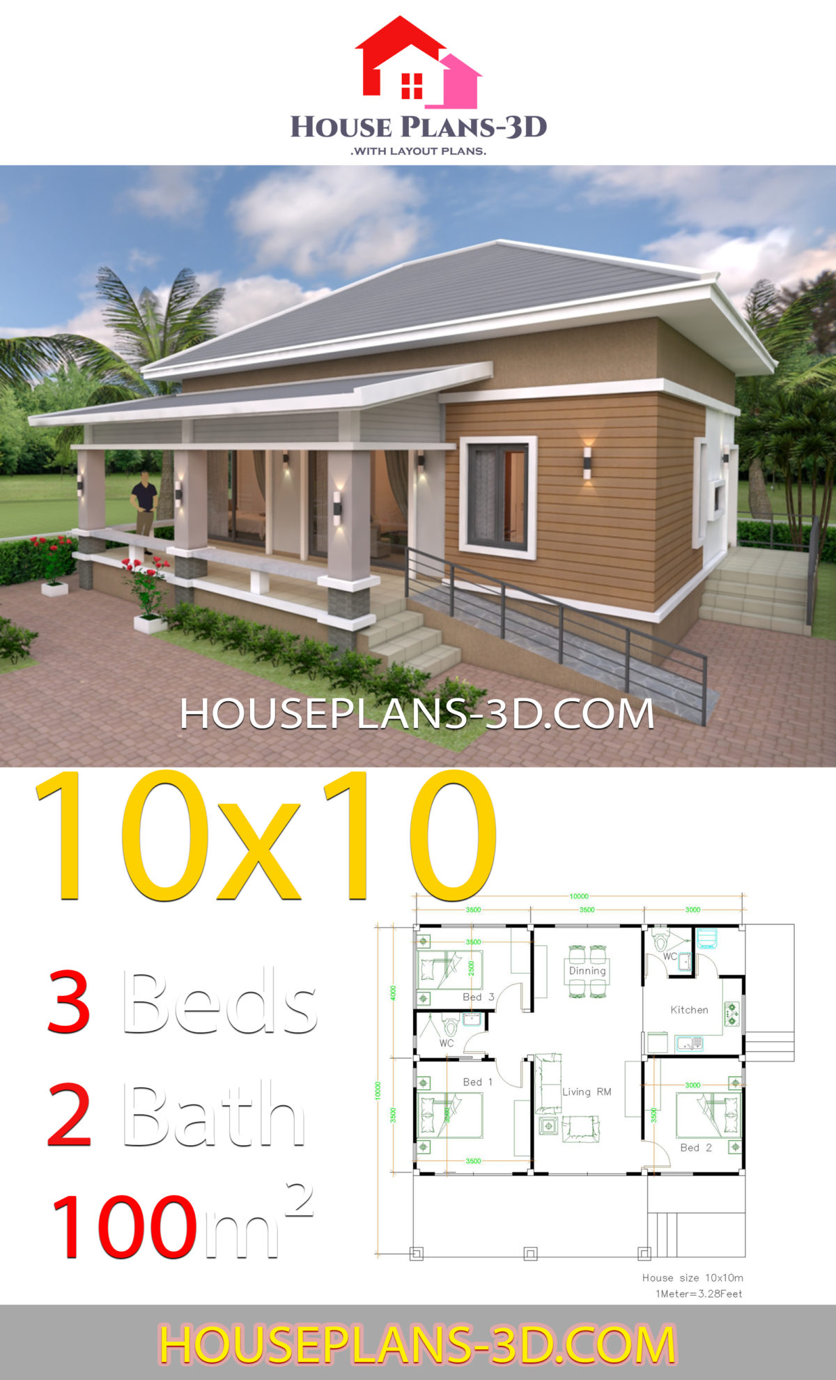 House Design 10x10 with 3 Bedrooms Hip Roof - House Plans 3D