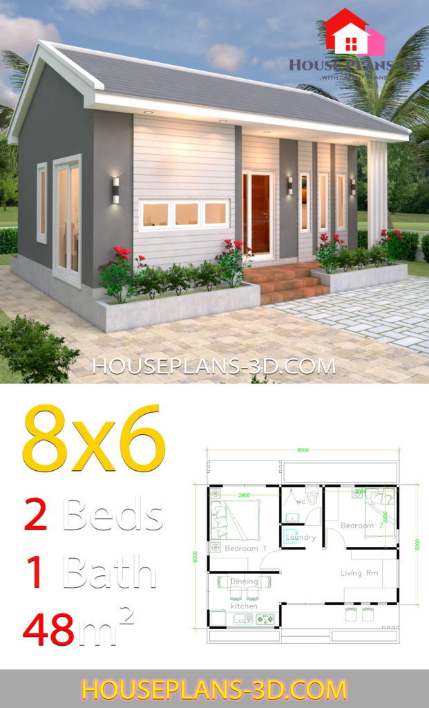 House Design Plans 8x6 with 2 Bedrooms - House Plans 3D