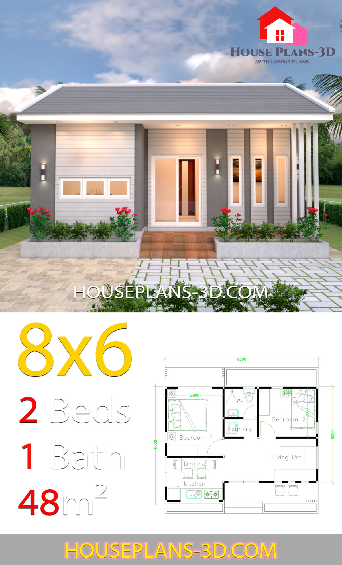 House Design Plans 8x6 with 2 Bedrooms - House Plans 3D