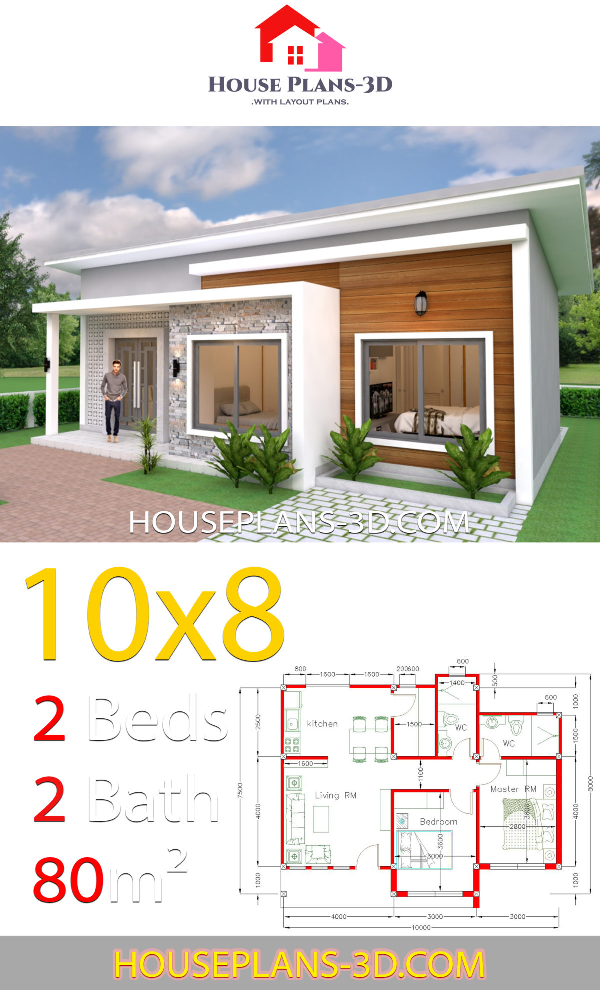 House Plans 10x8 with 2 Bedrooms Shed Roof - House Plans 3D