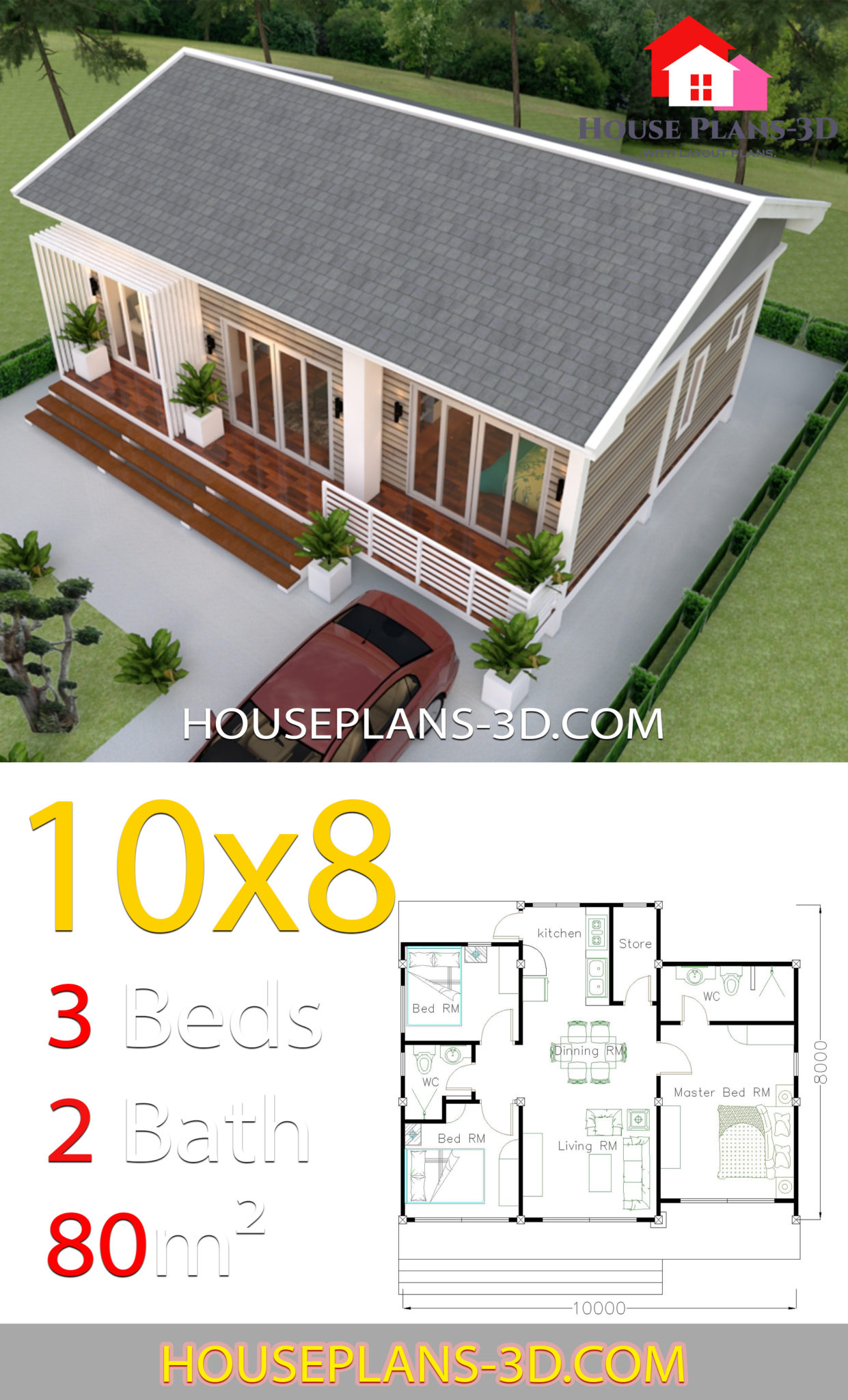 House Plans 10x8 with 3 Bedrooms Gable Roof - House Plans 3D