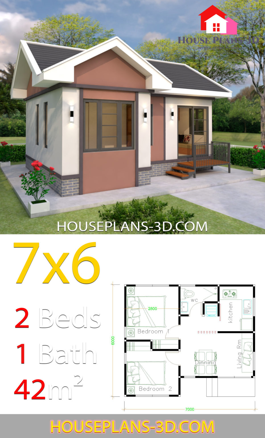 House Plans Design 7x6 with 2 Bedrooms Gable Roof - House Plans 3D