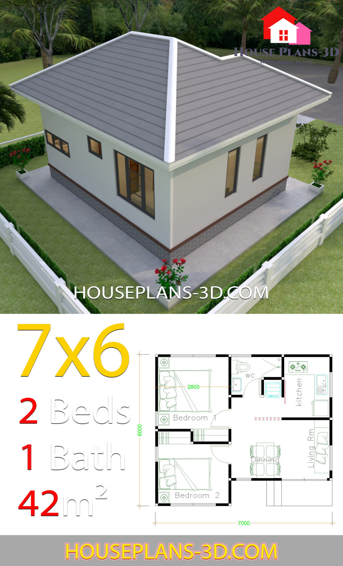House Plans Design 7x6 with 2 Bedrooms Hip Roof - House Plans 3D