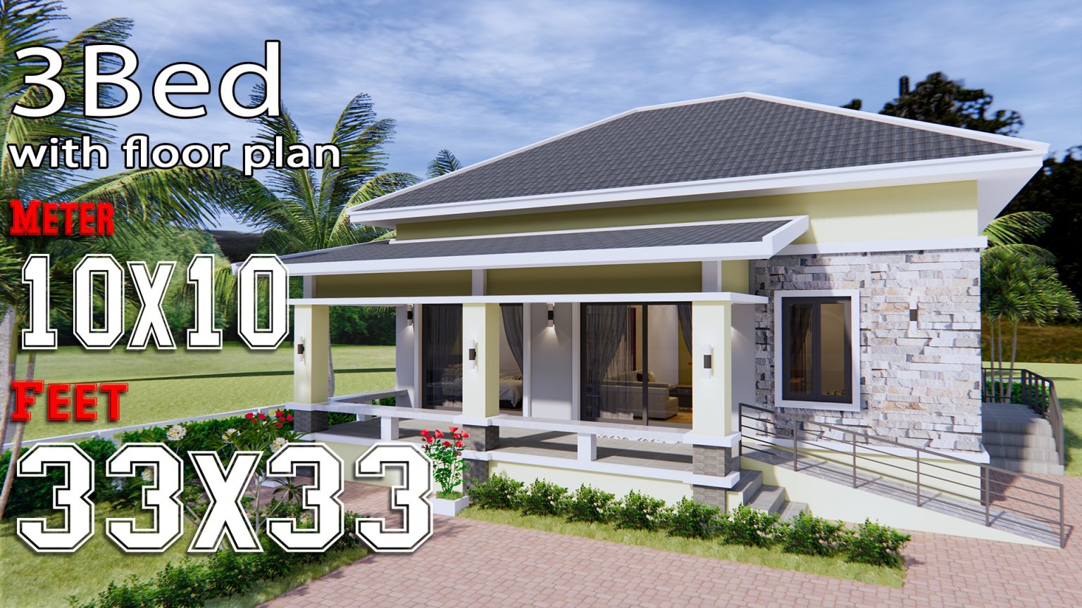 House Design 10x10 with 3 Bedrooms Hip Roof - House Plans 3D