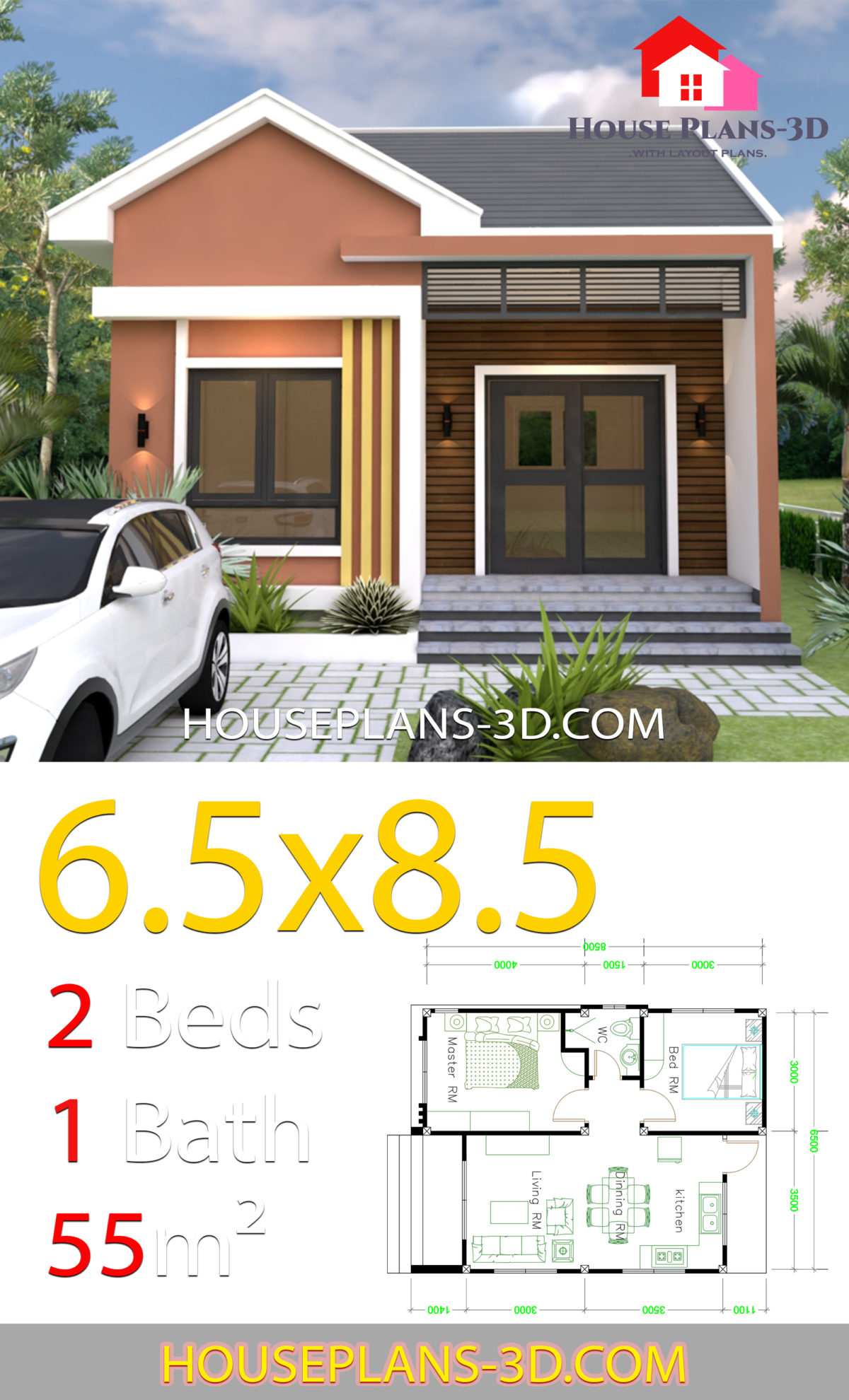 House Design 6.5x8.5 With 2 Bedrooms Shed roof - House Plans 3D