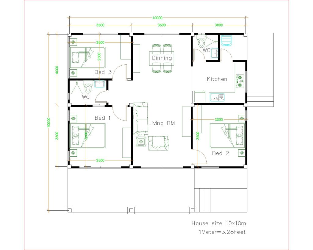 House Design 10x10 with 3 Bedrooms Hip Roof - House Plans 3D