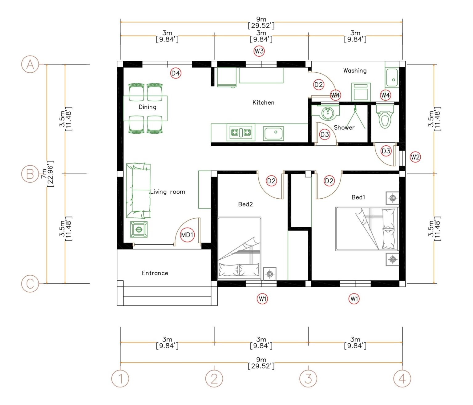 House Plans 9x7 with 2 Bedrooms Hip Roof - House Plans 3D