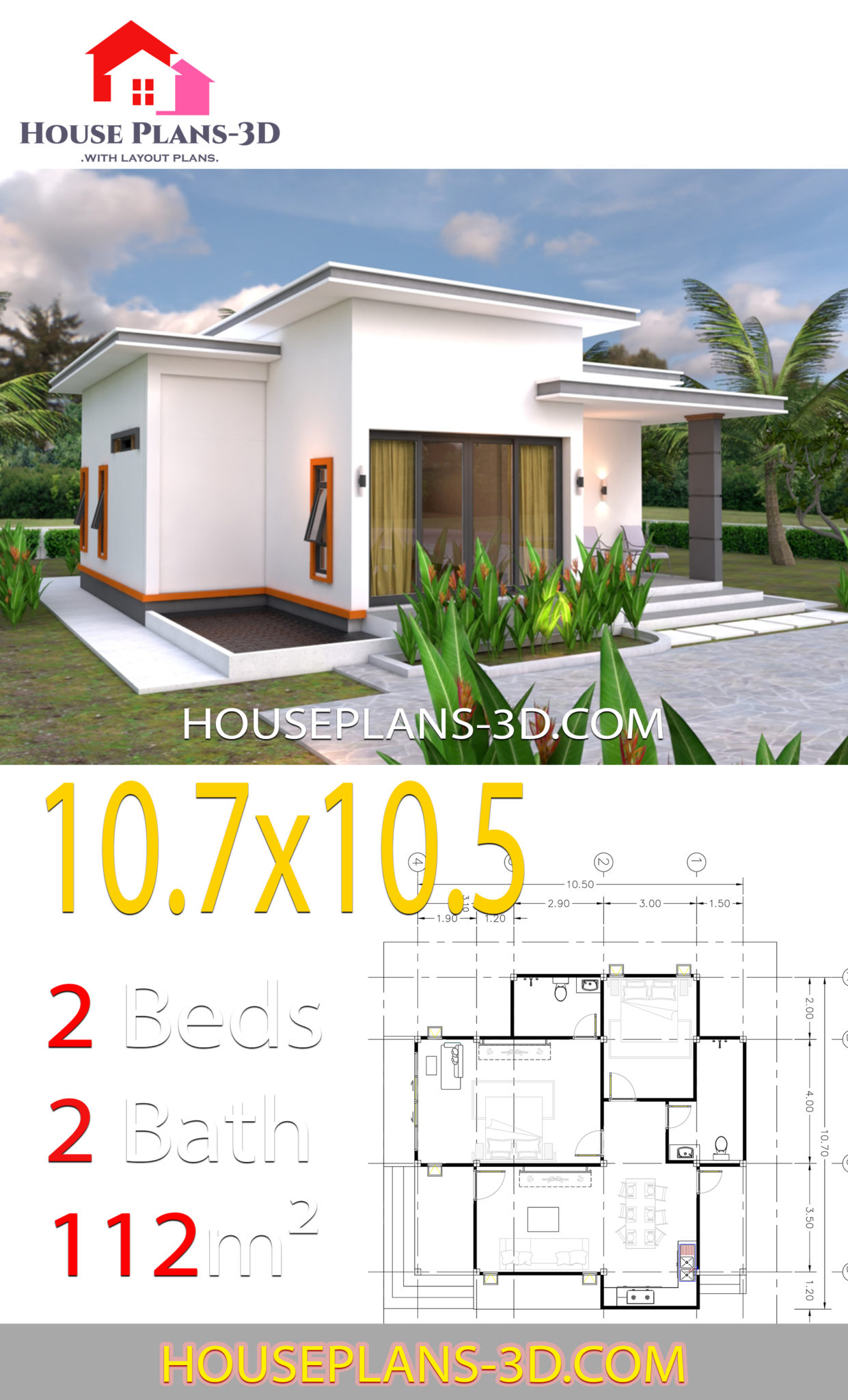 House Plans 10.7x10.5 with 2 Bedrooms Flat roof - House Plans 3D