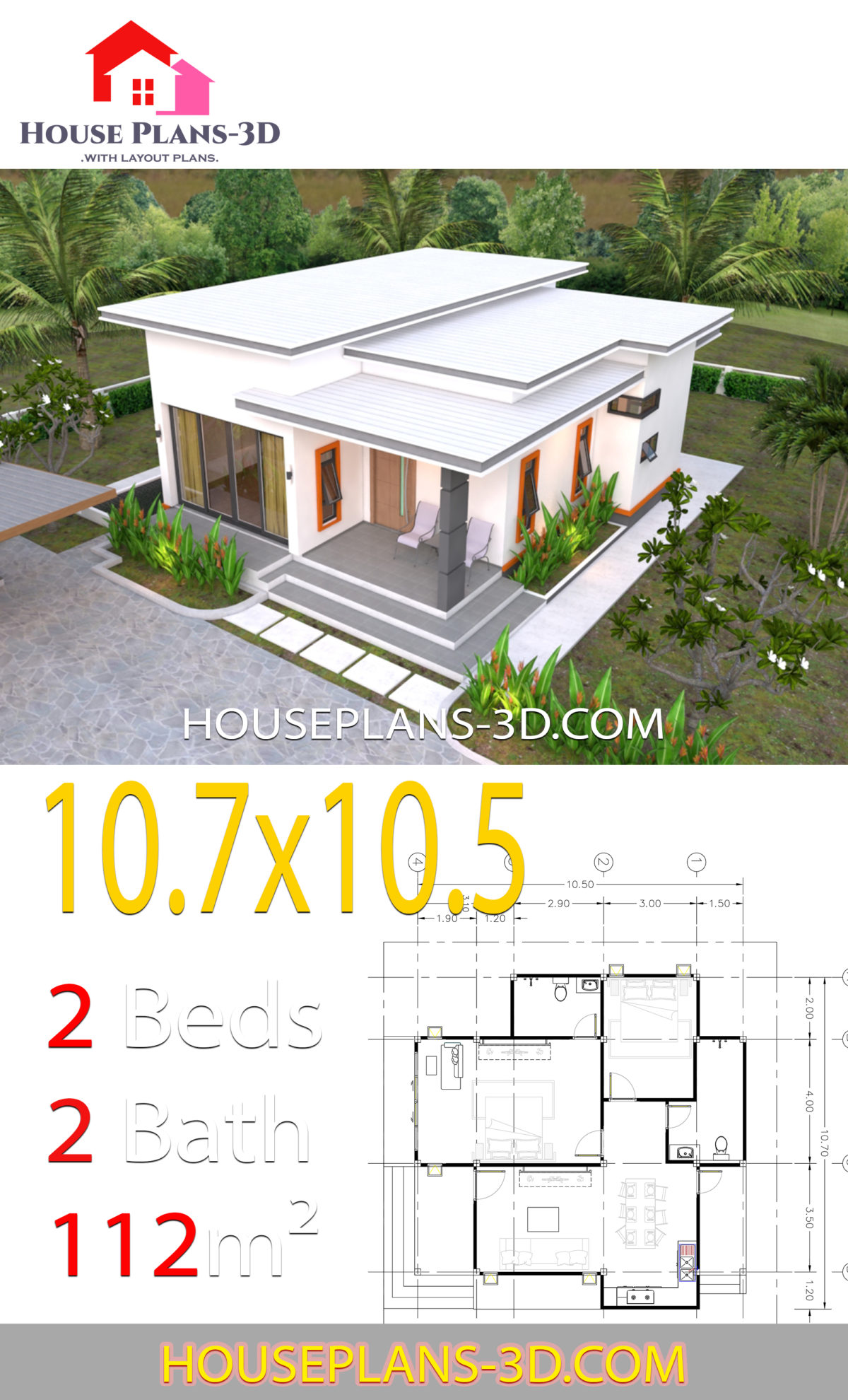 House Plans 10.7x10.5 with 2 Bedrooms Flat roof - House Plans 3D