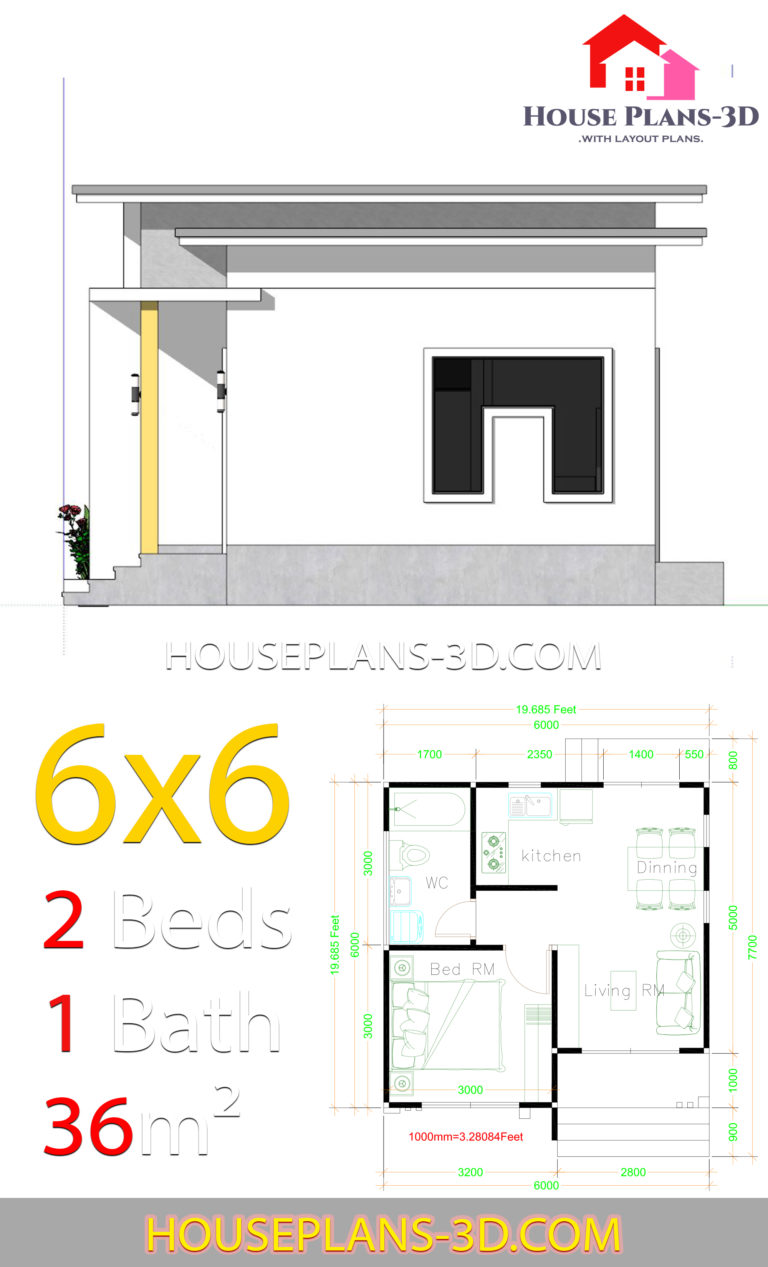 House Plans 6x6 with One Bedrooms Flat Roof - House Plans 3D
