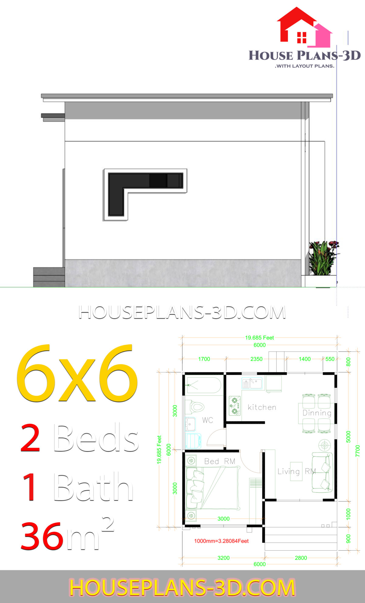 House Plans 6x6 with One Bedrooms Flat Roof - House Plans 3D