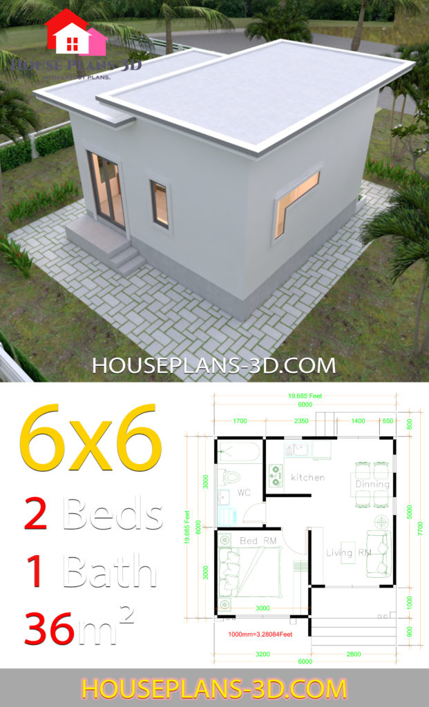 House Plans 6x6 with One Bedrooms Flat Roof - House Plans 3D