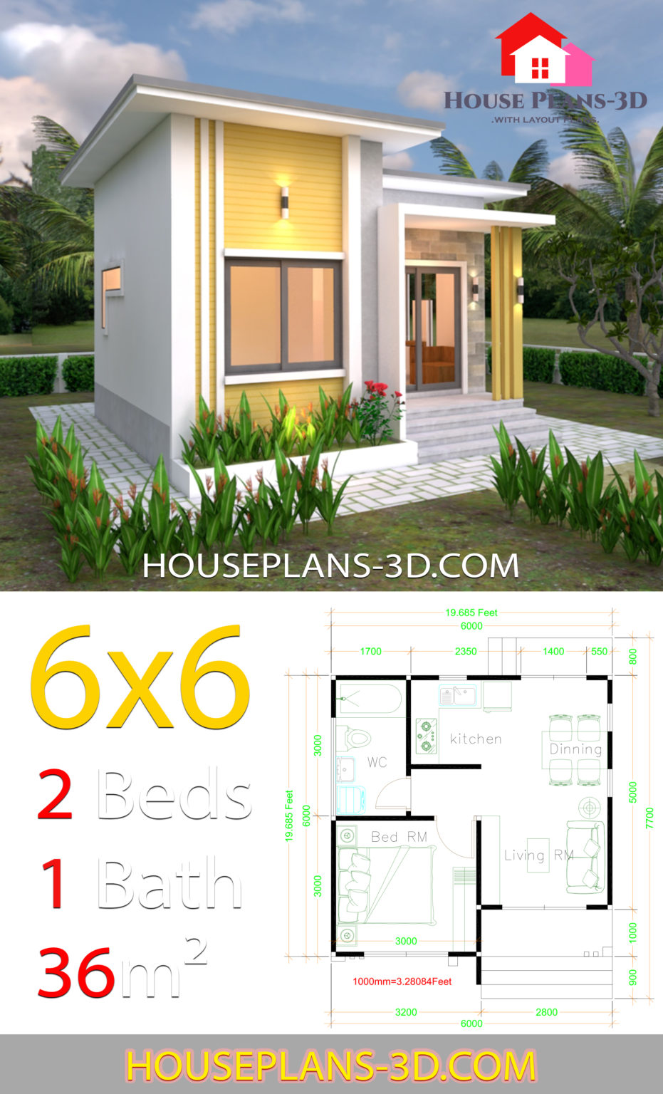 House Plans 6x6 with One Bedrooms Flat Roof - House Plans 3D