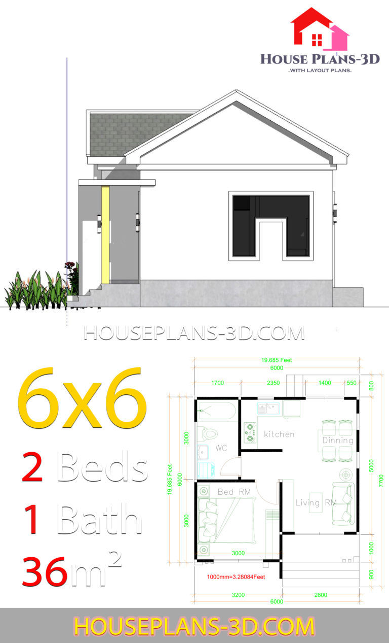 House Plans 6x6 with One Bedrooms Gable Roof - House Plans 3D