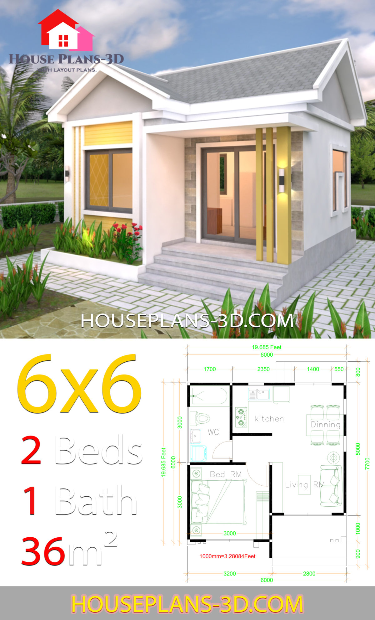 House Plans 6x6 with One Bedrooms Gable Roof - House Plans 3D