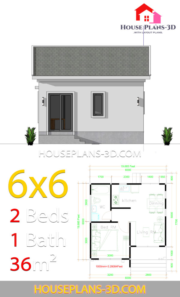 House Plans 6x6 with One Bedrooms Gable Roof - House Plans 3D