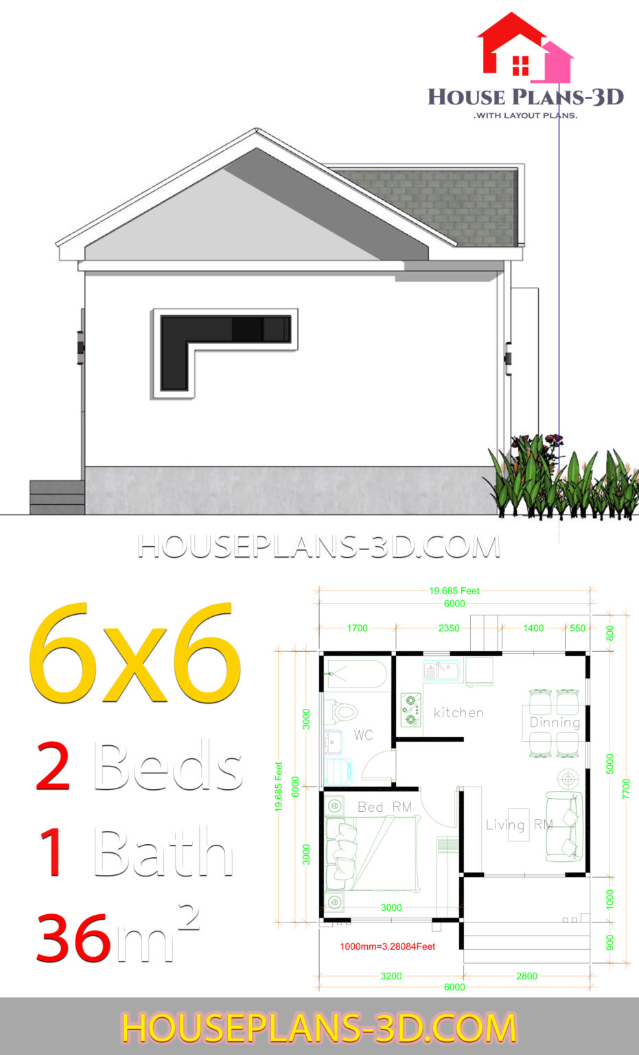 House Plans 6x6 with One Bedrooms Gable Roof - House Plans 3D