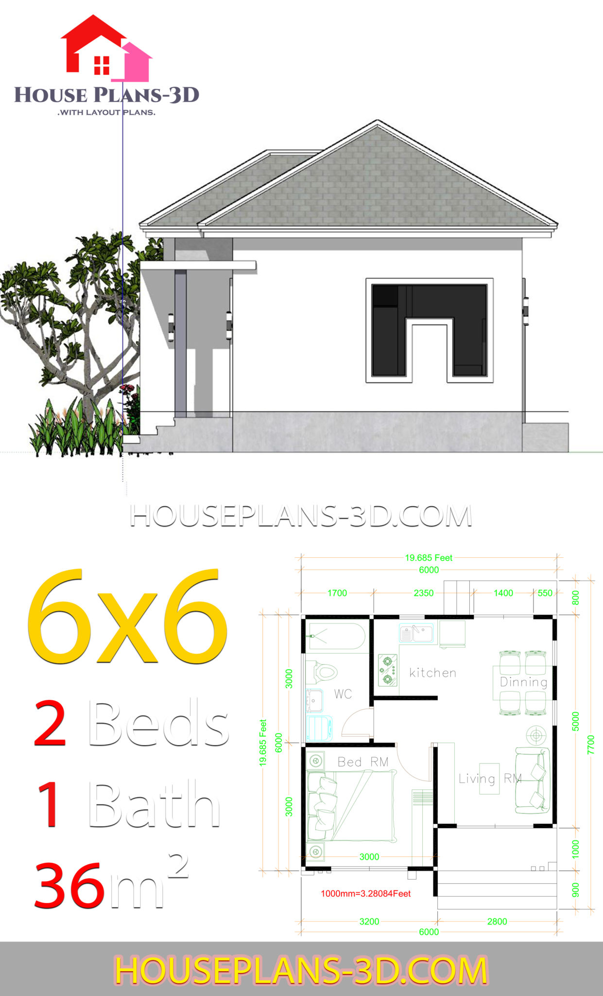 House Plans 6x6 with One Bedrooms Hip Roof - House Plans 3D