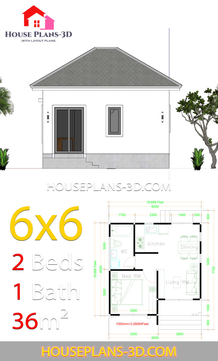 House Plans 6x6 with One Bedrooms Hip Roof - House Plans 3D