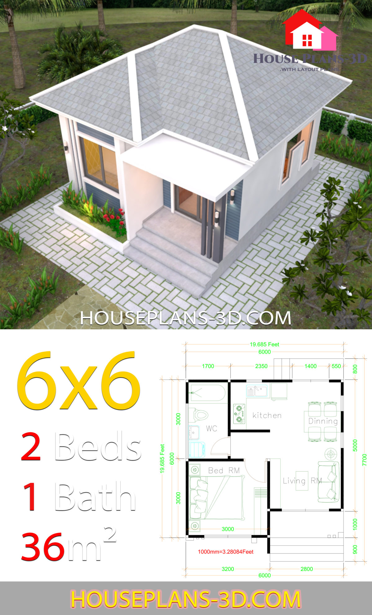 House Plans 6x6 with One Bedrooms Hip Roof - House Plans 3D