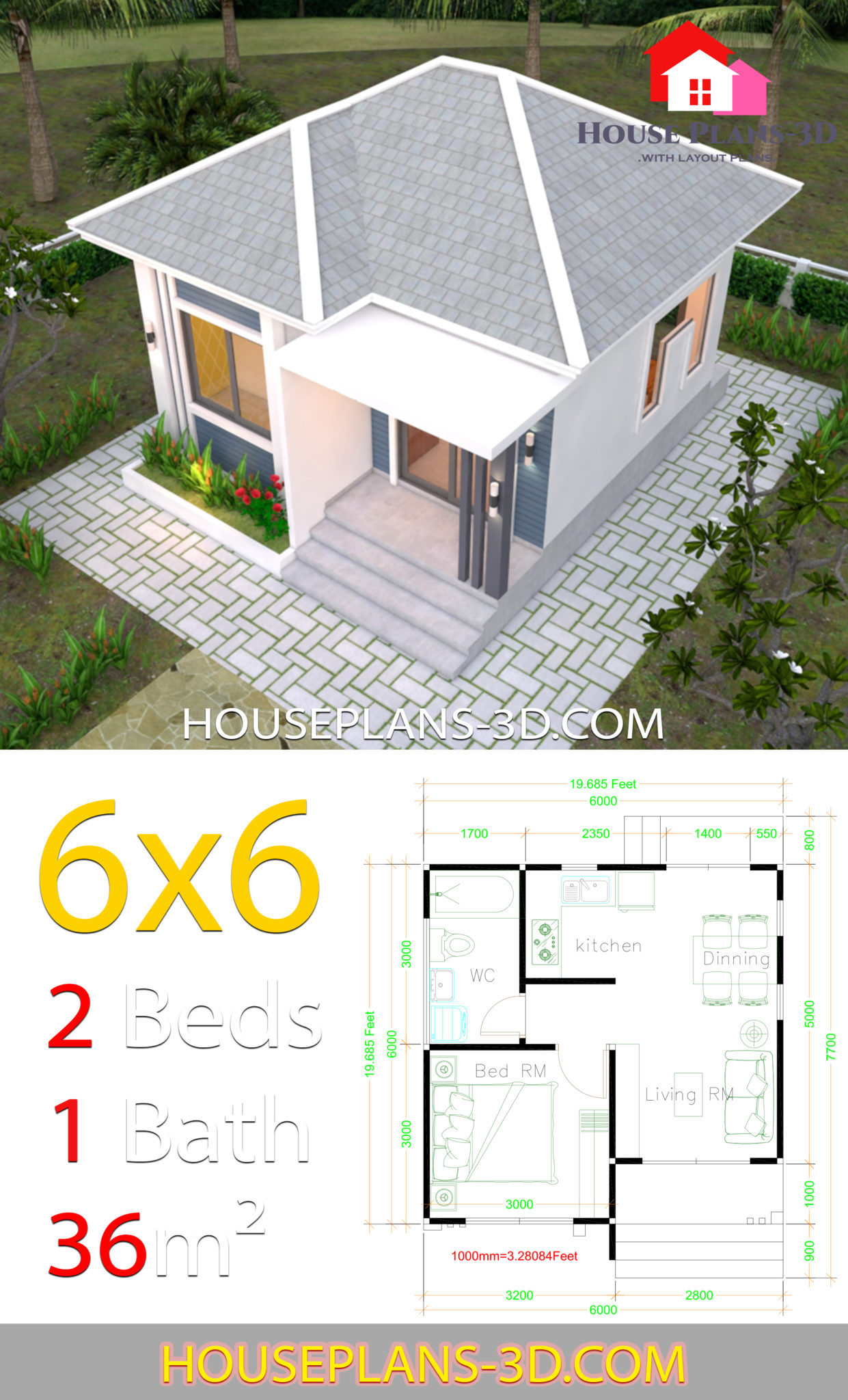 House Plans 6x6 with One Bedrooms Hip Roof - House Plans 3D