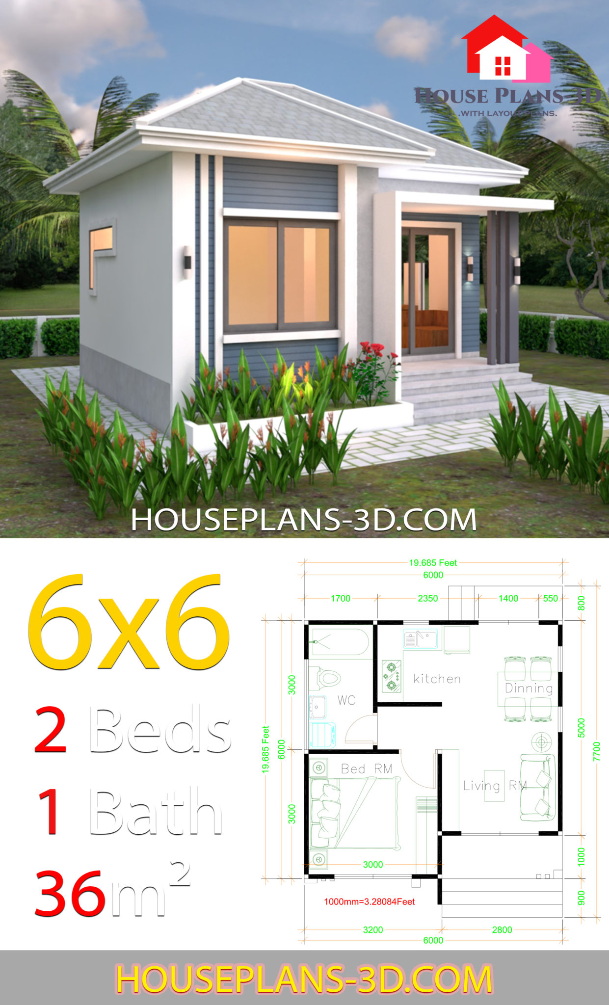 House Plans 6x6 with One Bedrooms Hip Roof - House Plans 3D