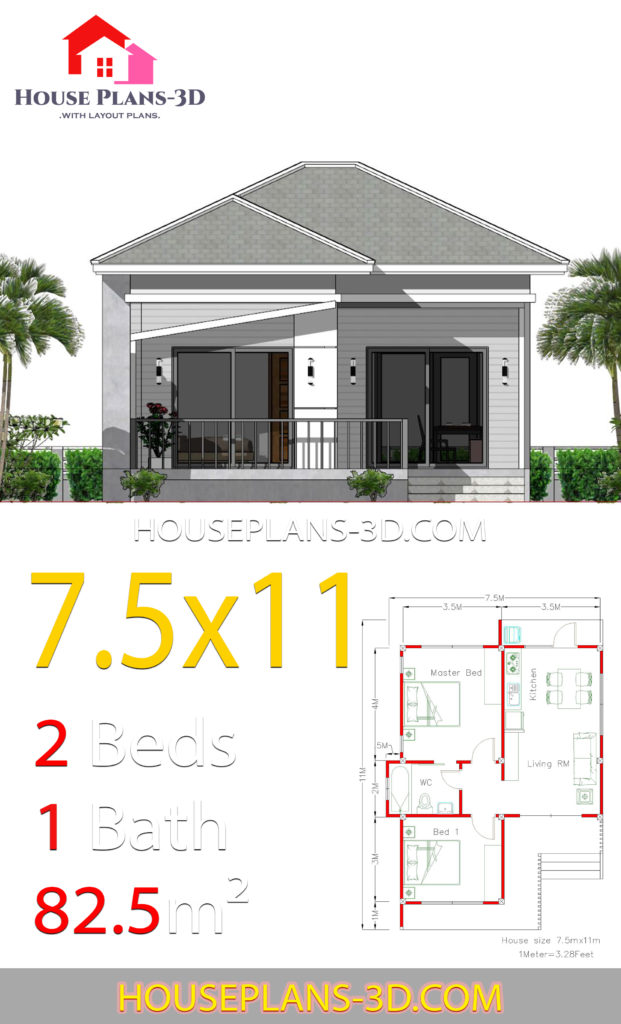 House Plans 7.5x11 with 2 Bedrooms Hip roof - House Plans 3D