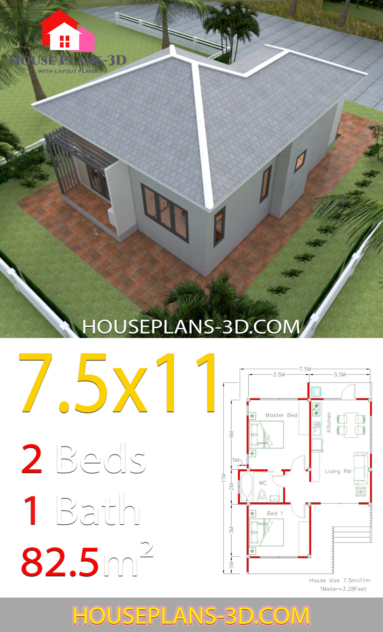 House Plans 7.5x11 with 2 Bedrooms Hip roof - House Plans 3D