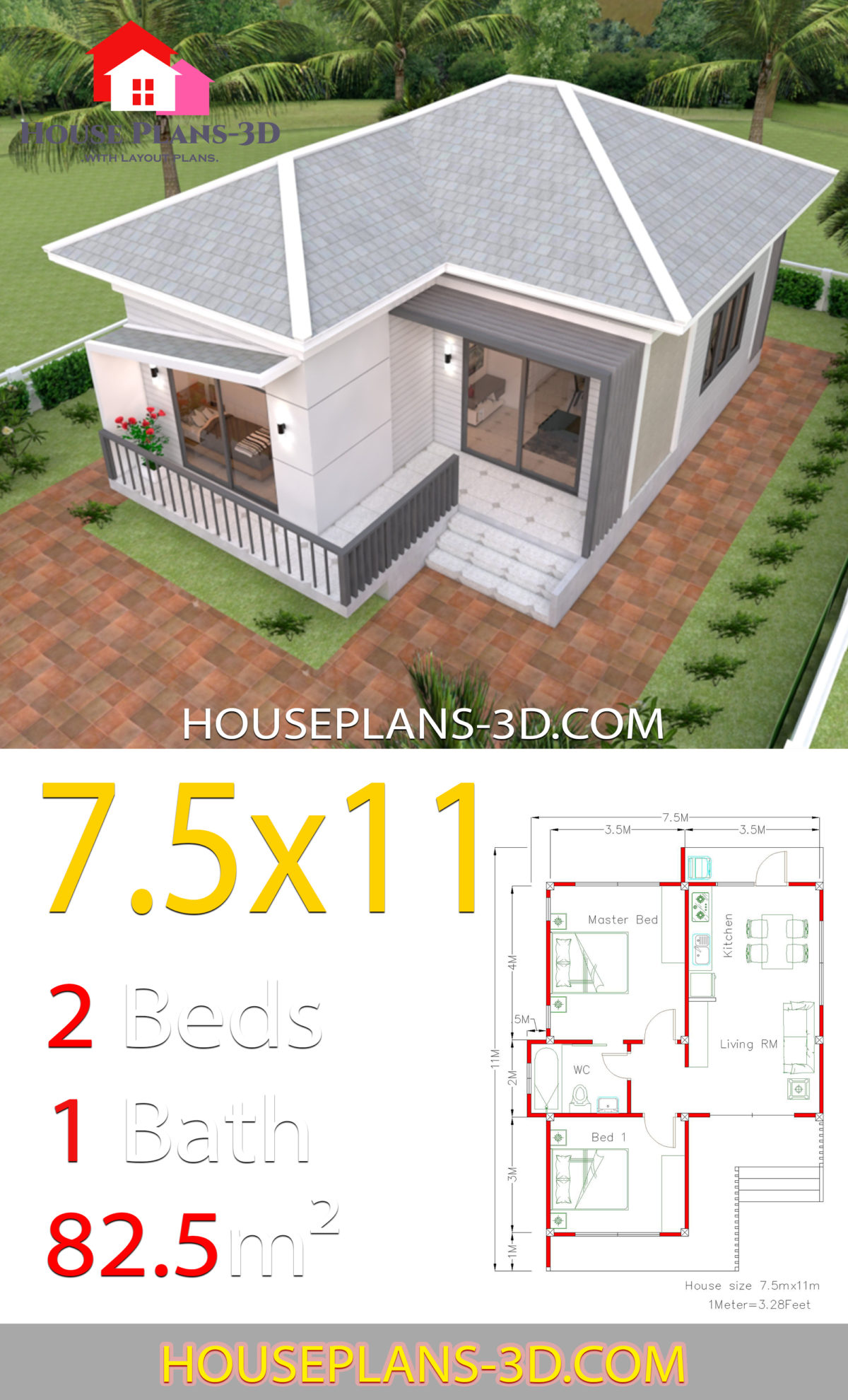 House Plans 7.5x11 with 2 Bedrooms Hip roof - House Plans 3D