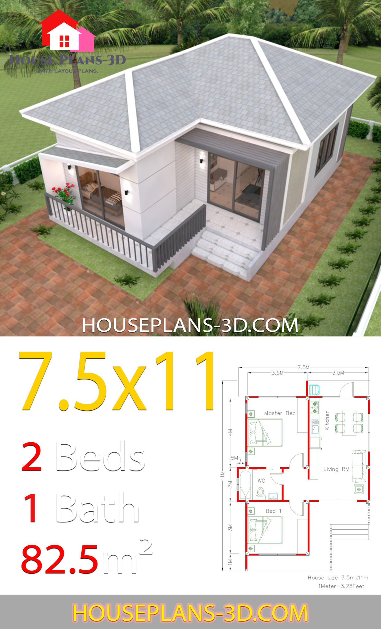 House Plans 7.5x11 with 2 Bedrooms Hip roof - House Plans 3D