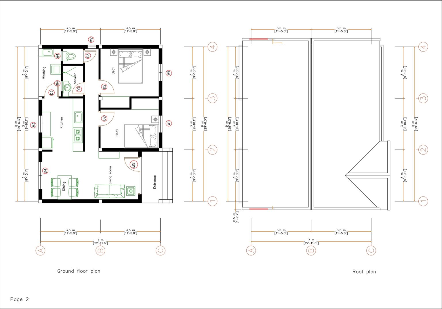 House Plans 9x7 with 2 Bedrooms Gable Roof - House Plans 3D