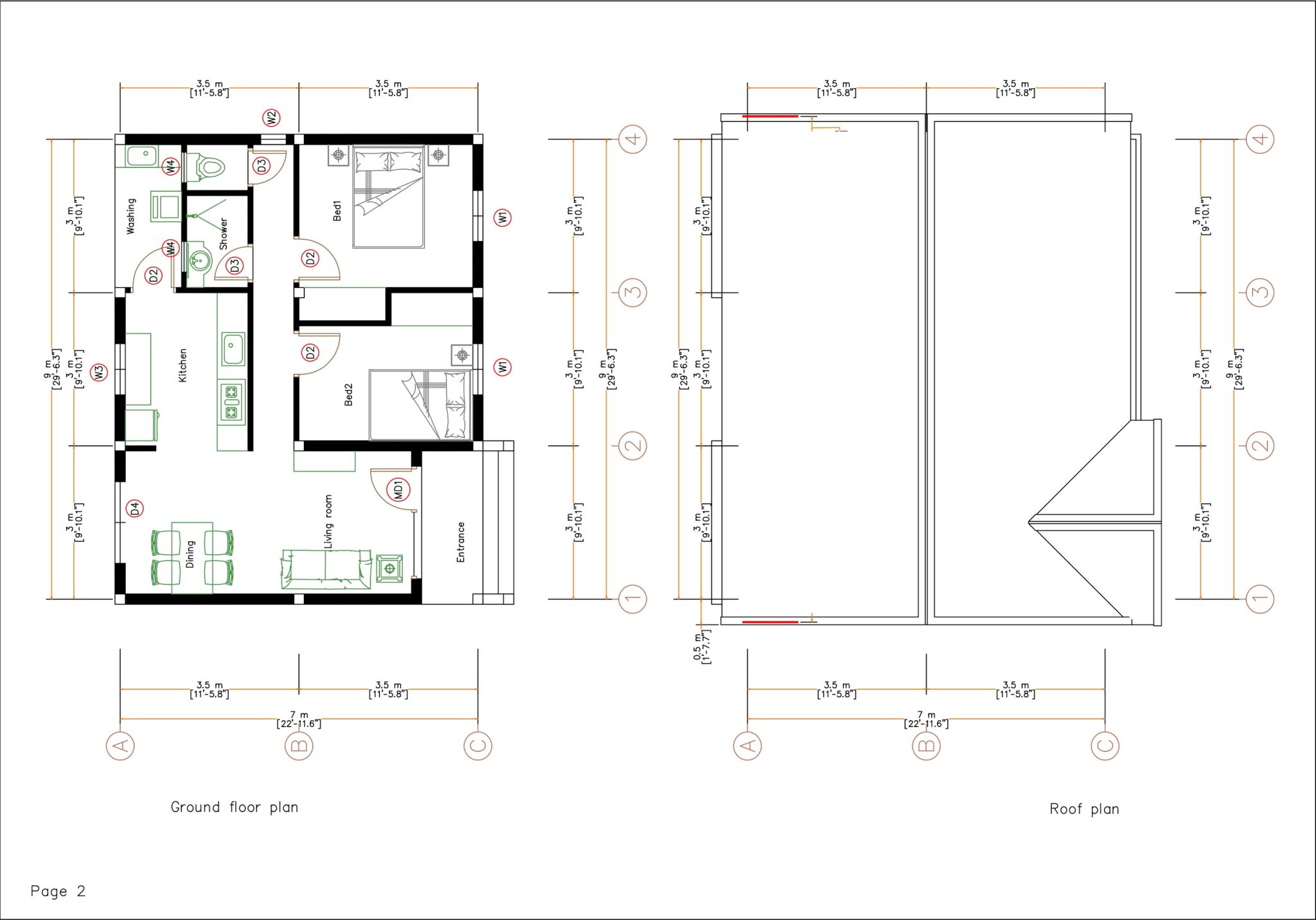 House Plans 9x7 with 2 Bedrooms Gable Roof - House Plans 3D