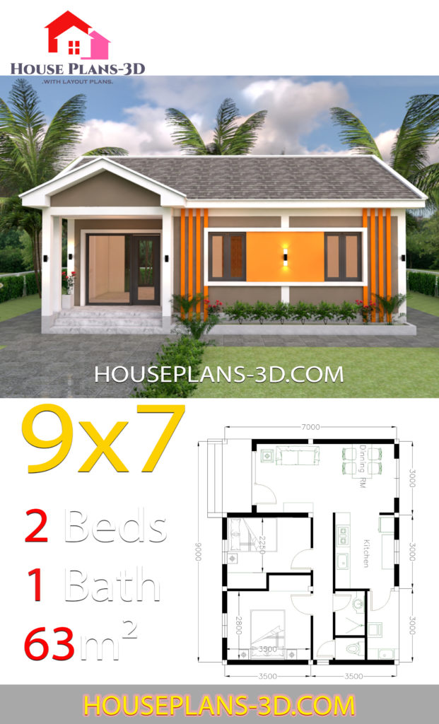 House Plans 9x7 with 2 Bedrooms Gable Roof - House Plans 3D