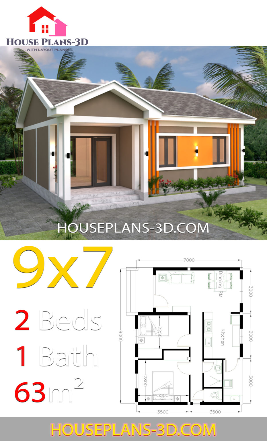 House Plans 9x7 with 2 Bedrooms Gable Roof - House Plans 3D