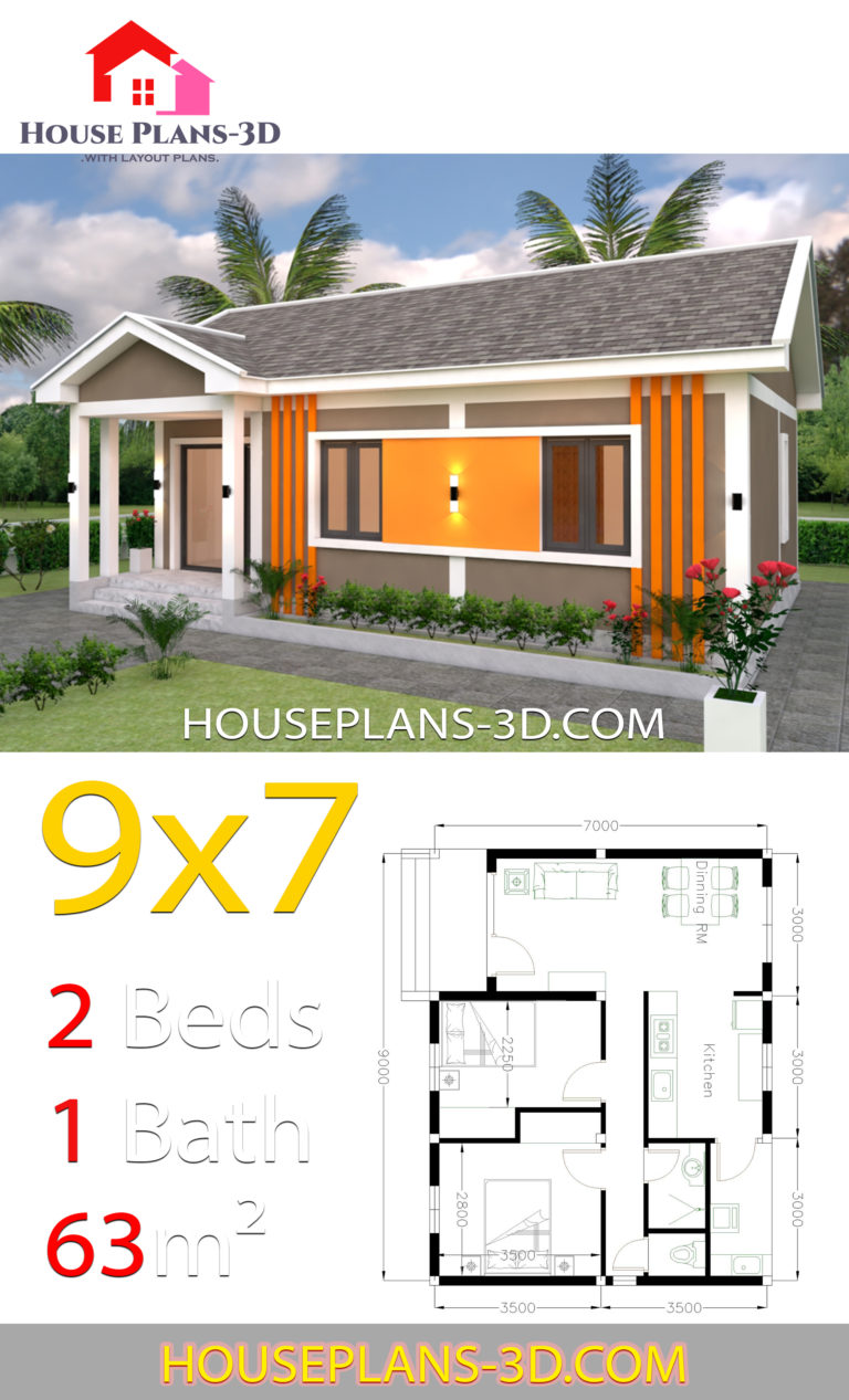 House Plans 9x7 with 2 Bedrooms Gable Roof - House Plans 3D